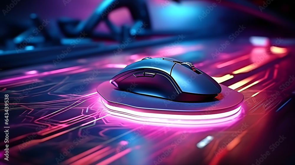 Gaming mouse with RGB led lights. A computer mouse in neon light on a ...