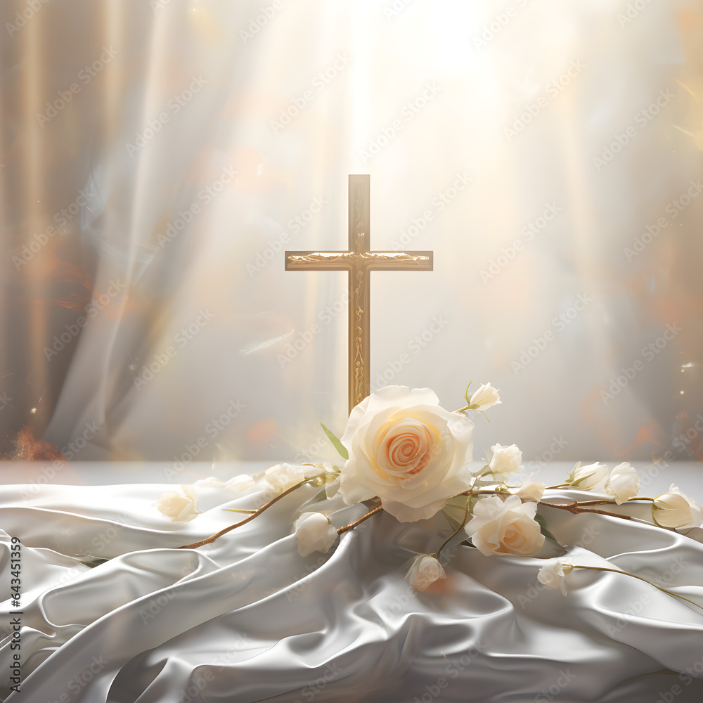 Light gray background sadness funeral golden cross and white spring ...