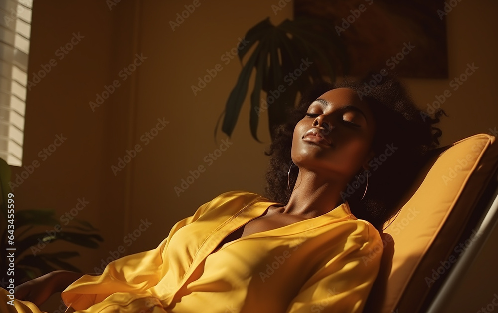 Smiling calm young black african american dark-skinned woman relaxing ...