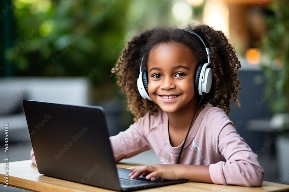 African american kid girl online learning on computer. Cute mixed race ...