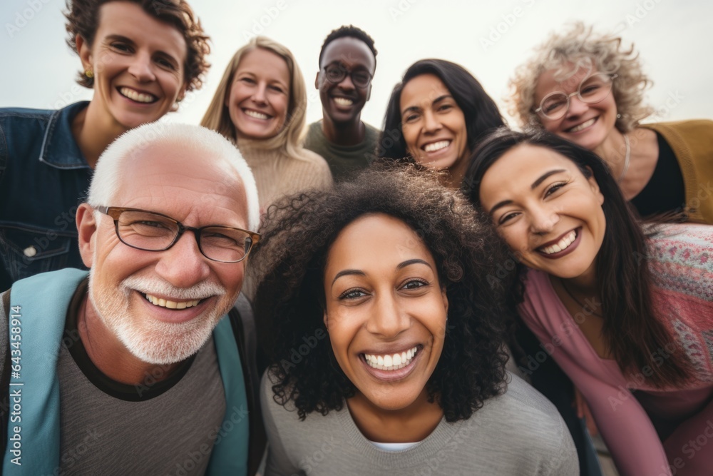 Diverse group of mature people of different races smiling happy face ...