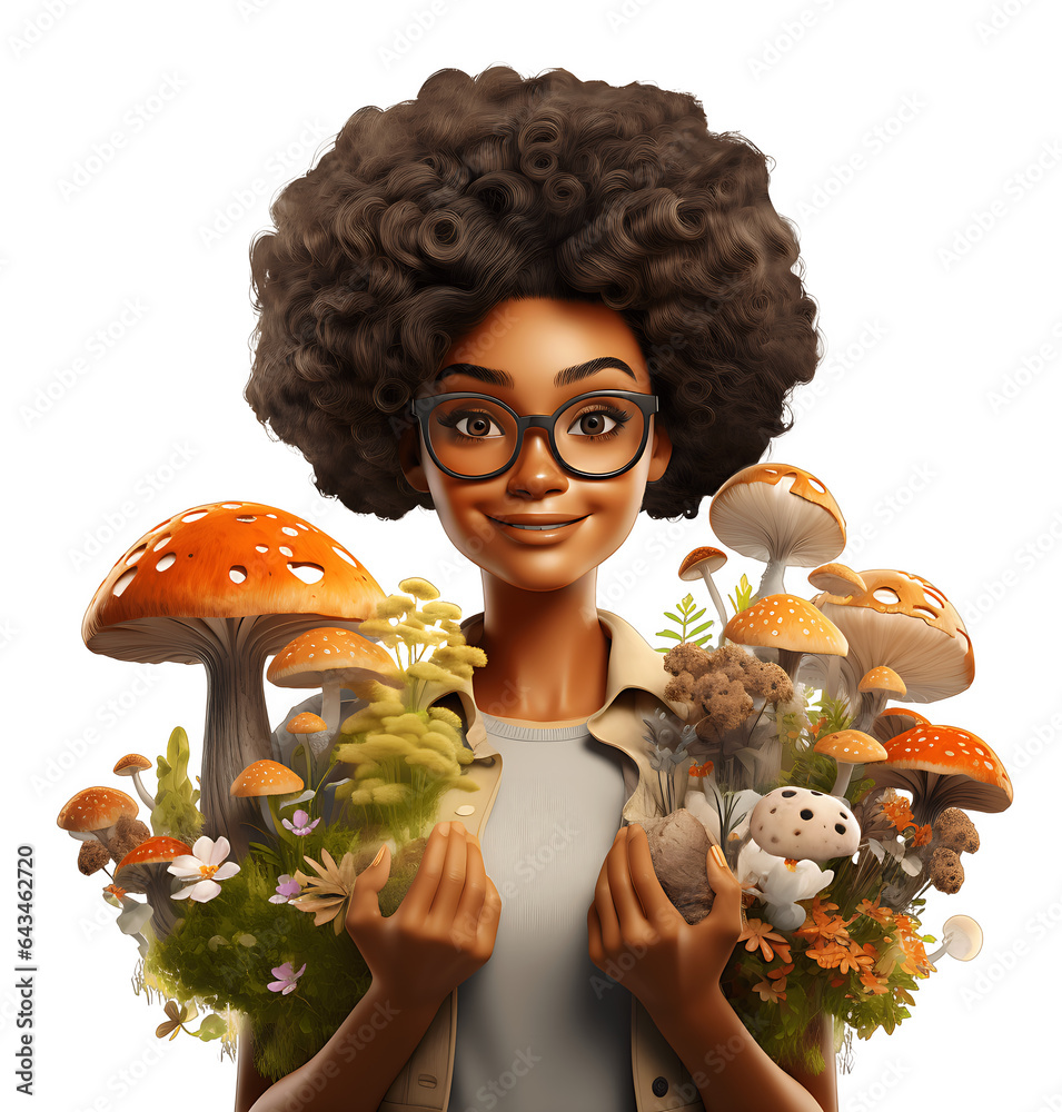 Black Female, Woman, Scientist wearing glasses, mushrooms, flowers ...