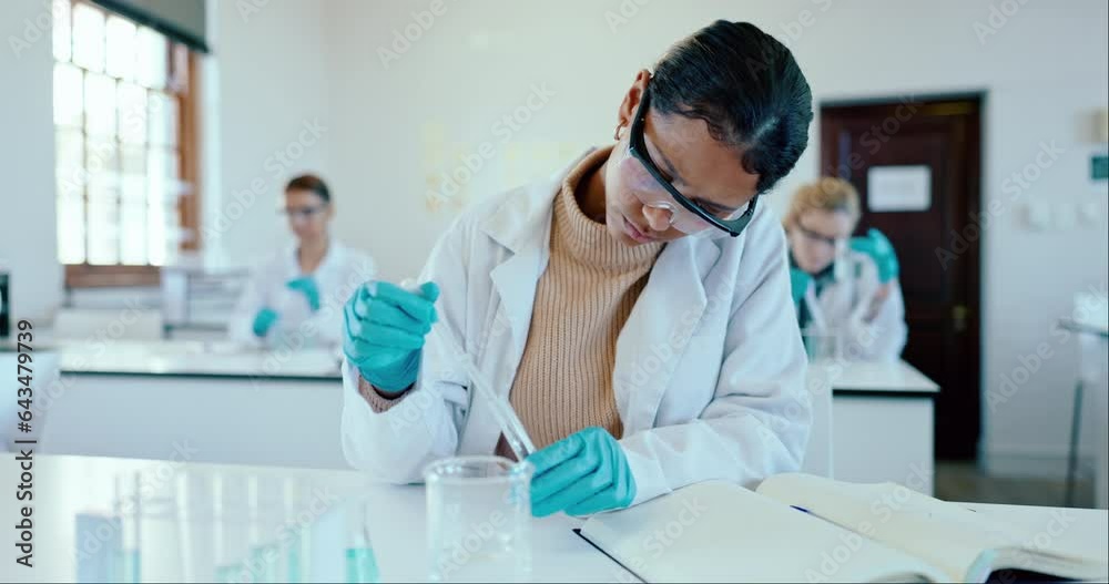 Teenager, girl in chemistry class and test tube with chemical, science ...