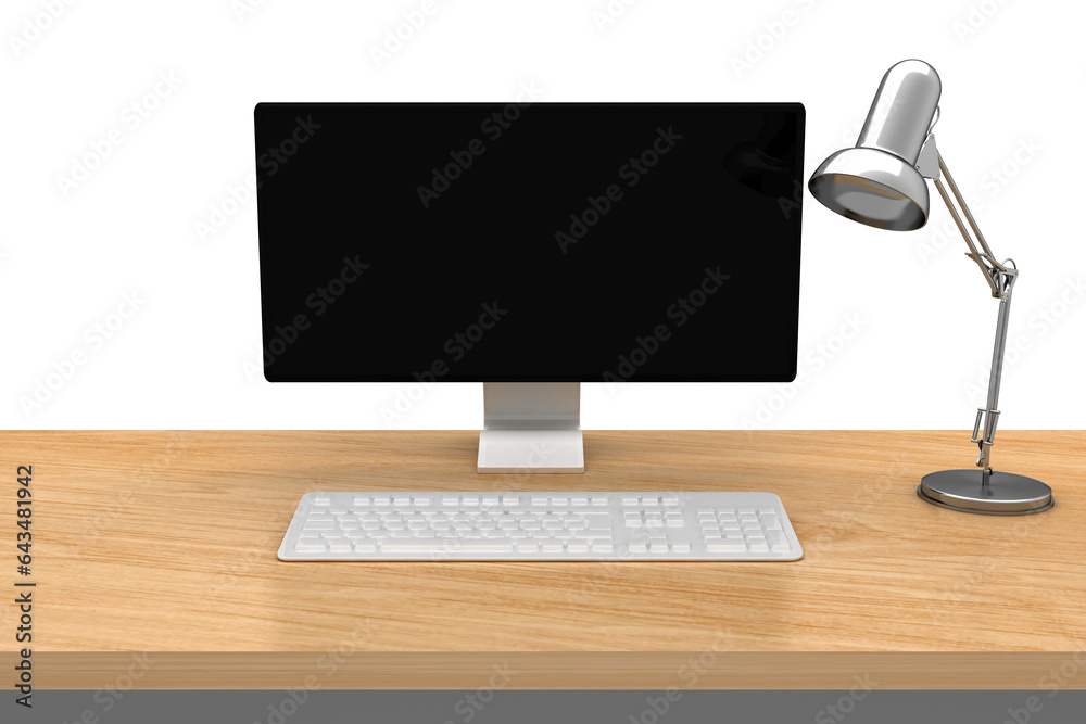 Digital png illustration of desk with computer and lamp on transparent ...