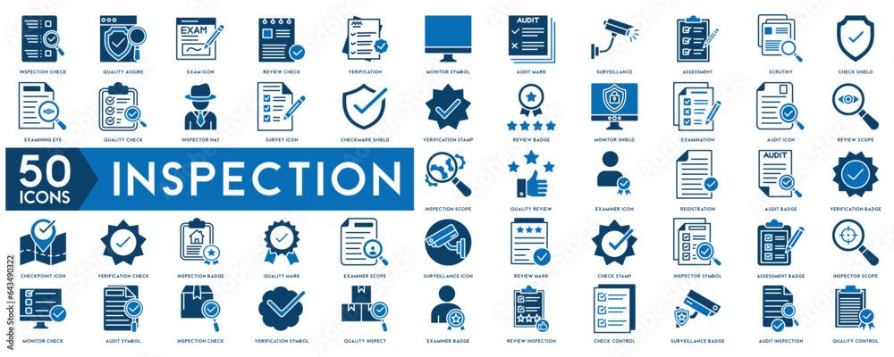 Inspection web icons in line style. Examination, testing, quality ...
