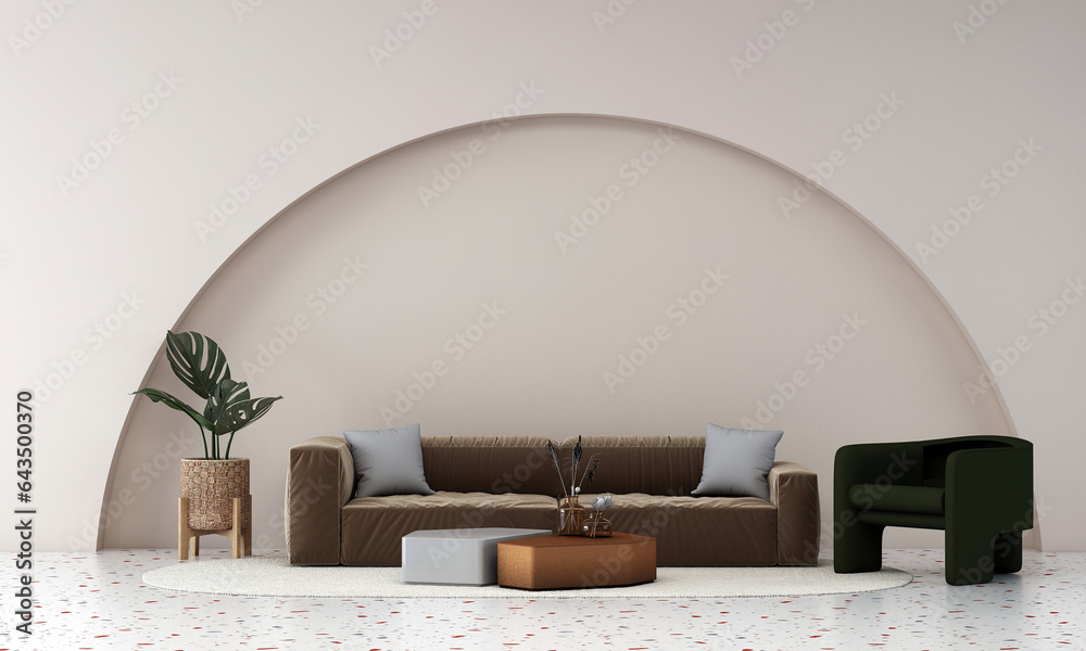 Living room and pink pastel arch wall texture background, Cozy interior ...