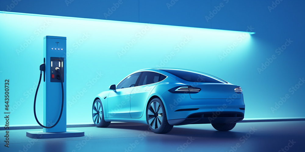 New electric charging station stands on the background, with а sleek ...