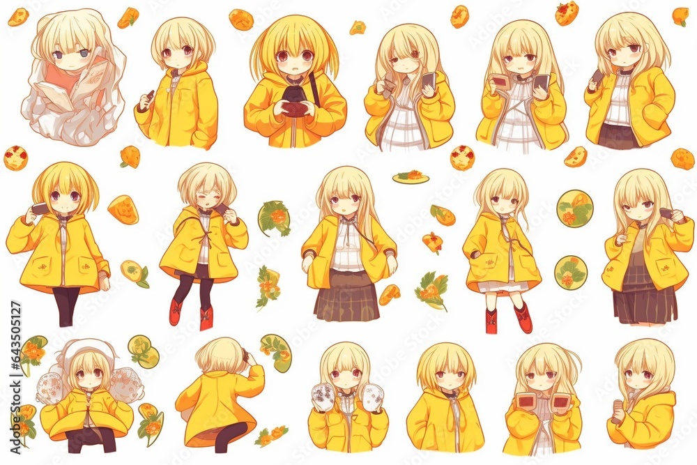 Generative AI : A set of cute anime girls illustrations in various ...