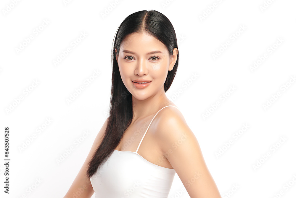 Beautiful young asian woman with clean fresh skin on white background ...
