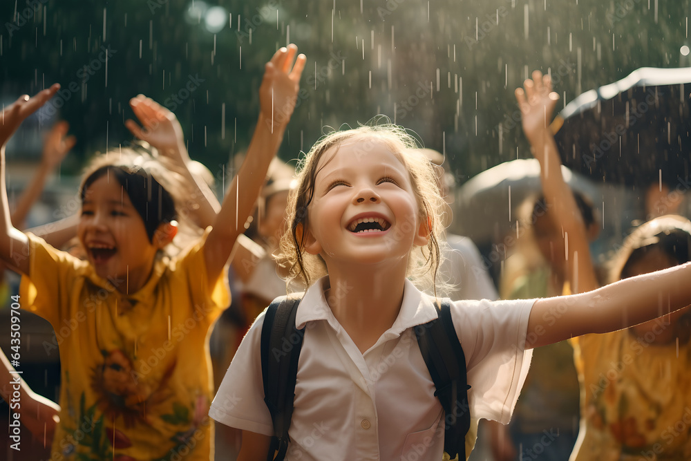 Happy little girls with having fun playing in heavy rain, children ...