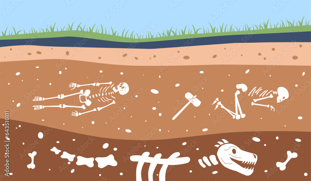 Ancient remains, bones fossil underground. Skeleton in earth ...