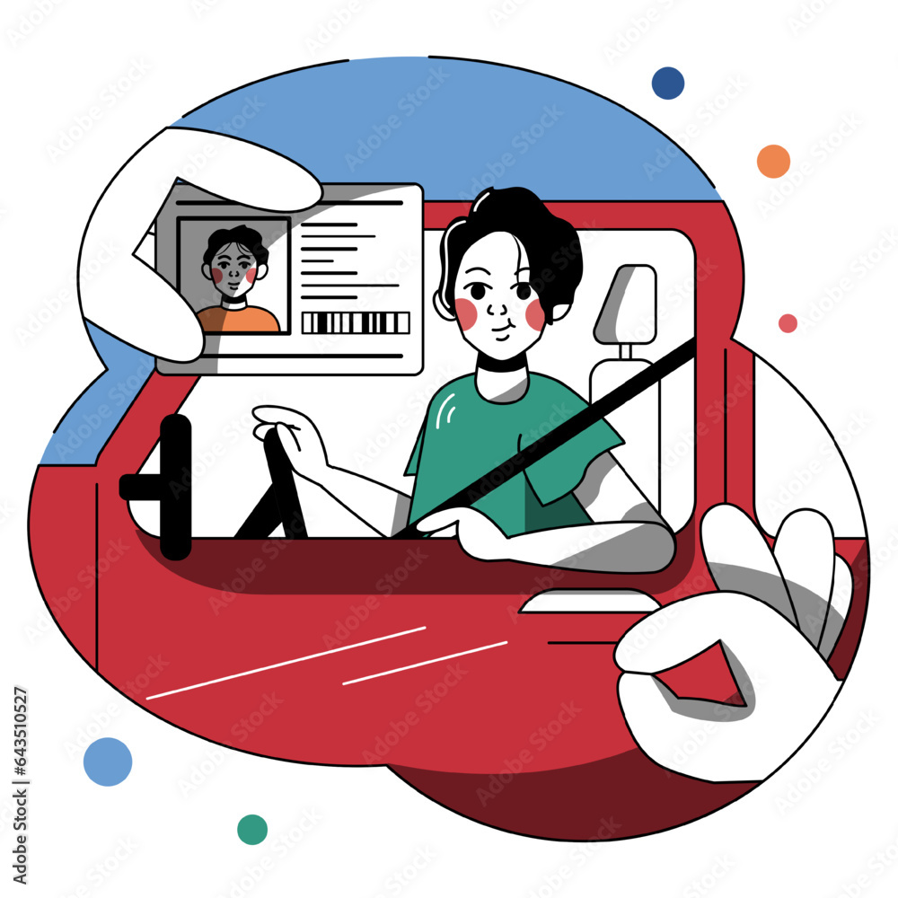 Smiling female sitting in car, policeman holding her driver license and ...