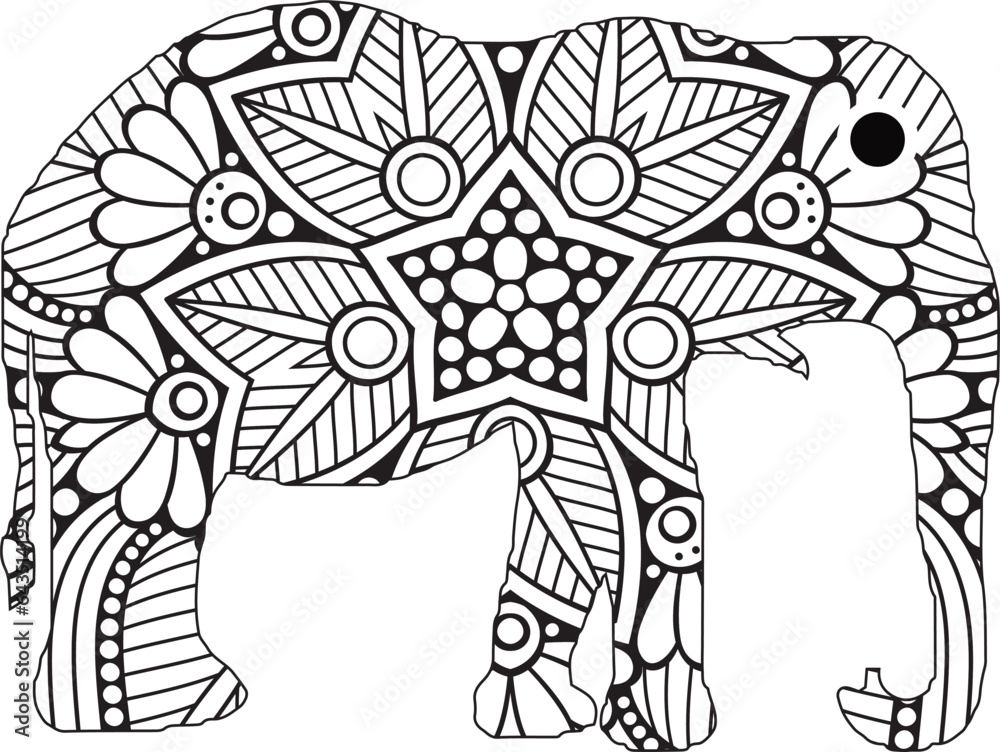 Elephant henna pattern, traditional doodle, ornate black and white ...
