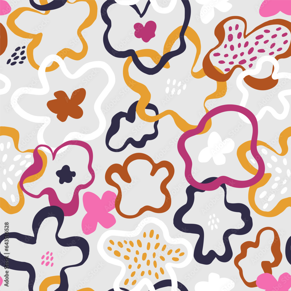 Seamless botanical texture with outline colourful flowers. Pastel ...
