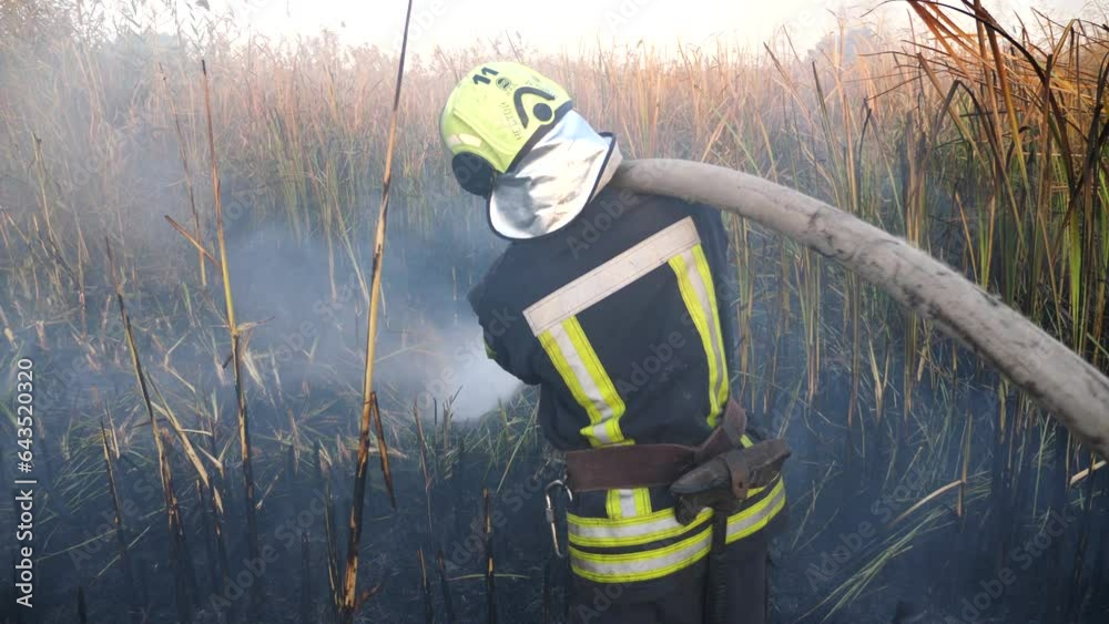Vidéo Stock Professional fireman in full equipment putting out flame on ...