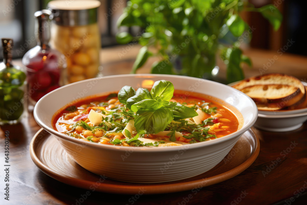 Dish Minestrone Soup On Table In Industrialstyle Cafe. Сoncept ...