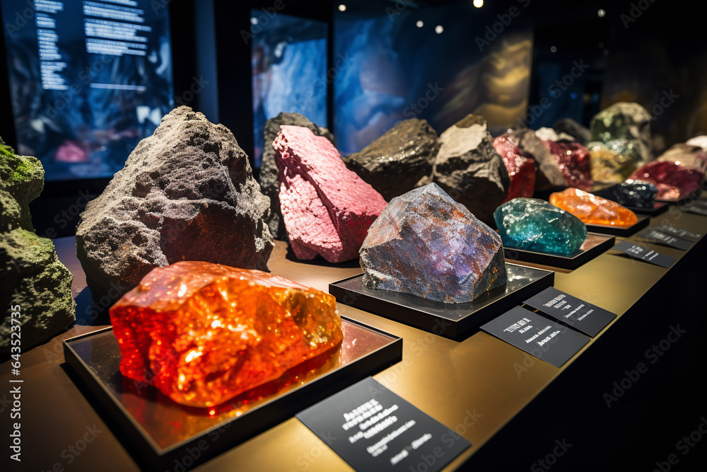 In a well-lit museum display, various ores and minerals sit proudly ...