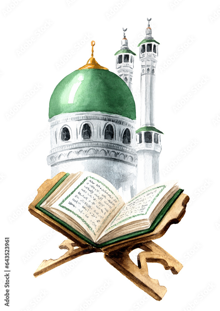 Islamic mosque and Holy Quran book, open on the wooden book holder ...