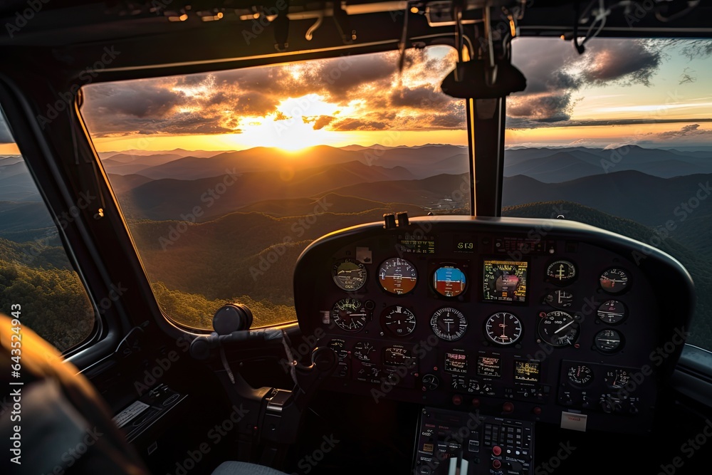 Helicopter cockpit at sunset with mountains in the background, Aerial ...