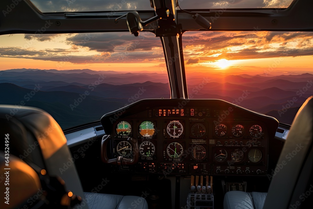 Helicopter cockpit with view of the beautiful sunrise in the mountains ...