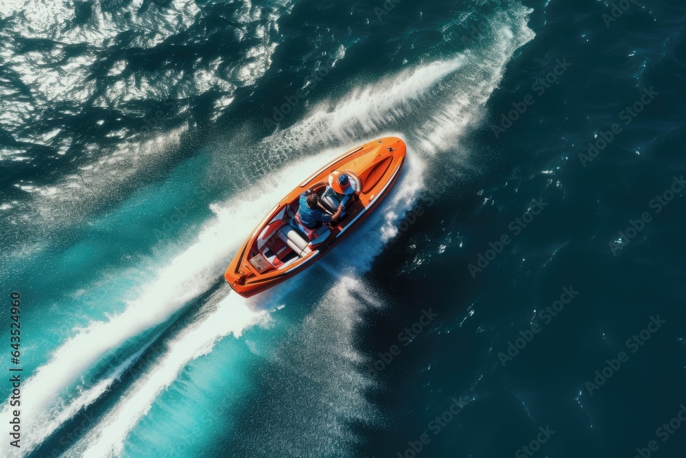 Aerial view of a speedboat in the ocean. Top view. Aerial top down view ...