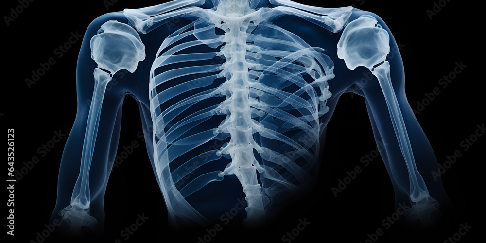 X-ray human body of a man with skeleton thorax with black background ...