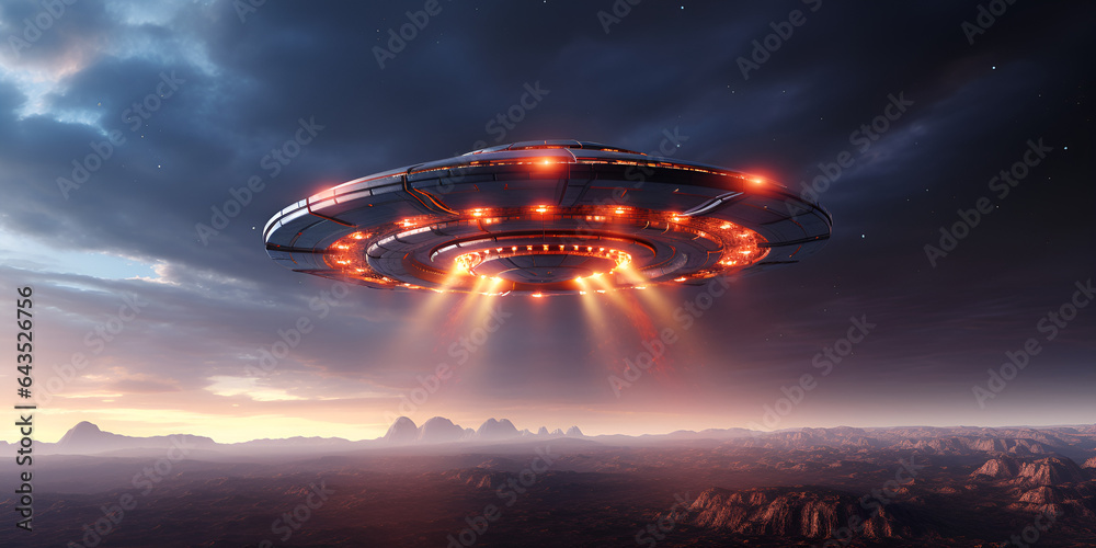 Glowing saucer shaped ufo hovering close to the ground in a dark forest ...