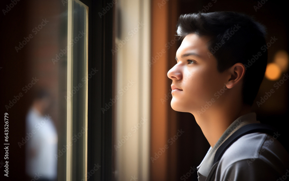Portrait of a young man looking out the window. In profile, to the left ...
