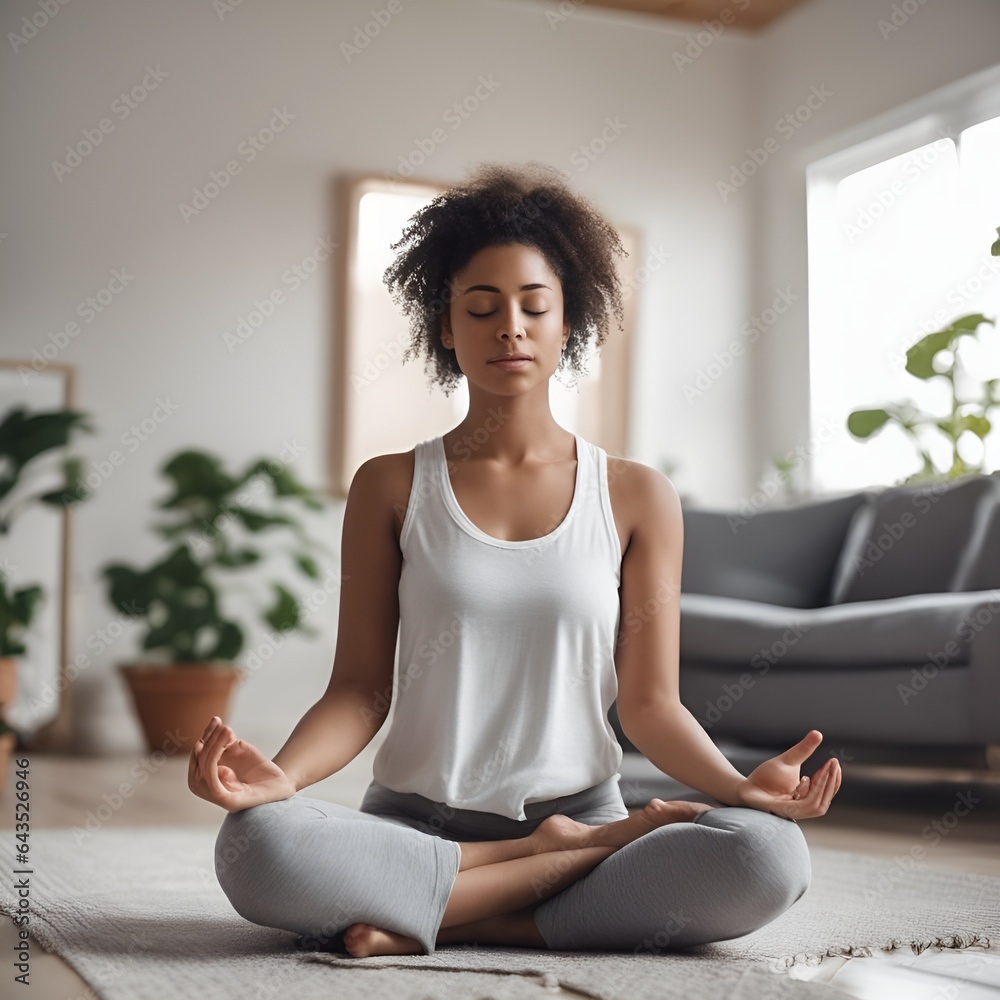 Healthy serene young woman meditating at home with eyes closed ...
