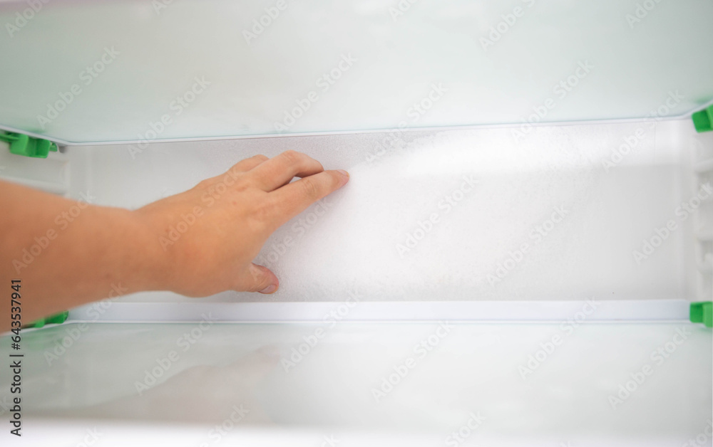 Ice and snow build up on the back wall of the refrigerator ...