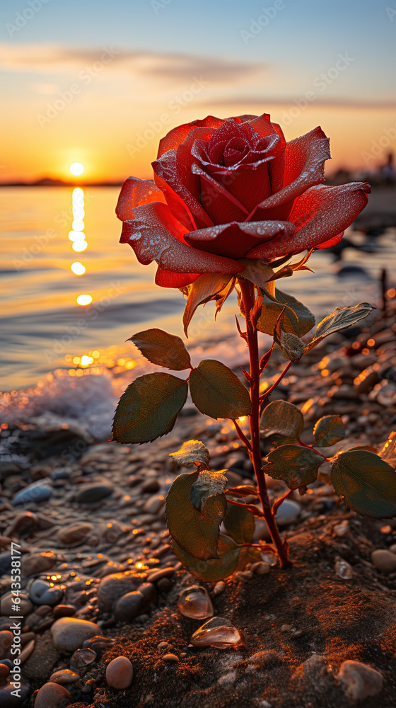 Pink rose being washed away by waves at a beach at sunset, with a ...