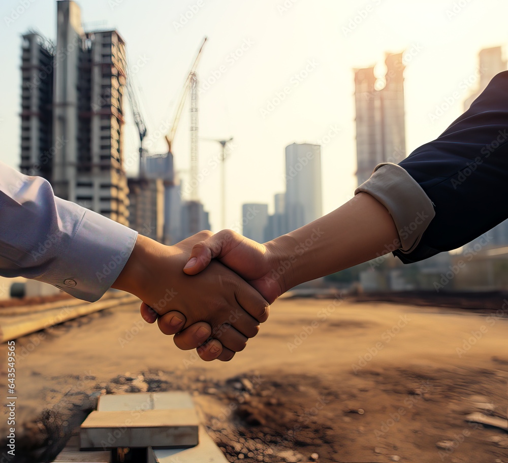 A firm handshake on a bustling construction site symbolizes the ...