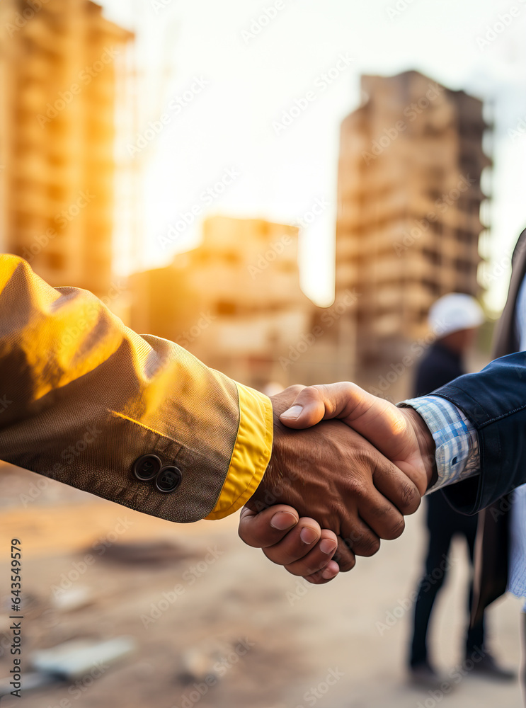 A firm handshake on a bustling construction site symbolizes the ...
