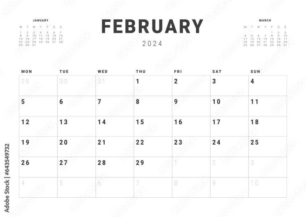 Monthly page Calendar Planner Templates of February 2024. Vector layout ...