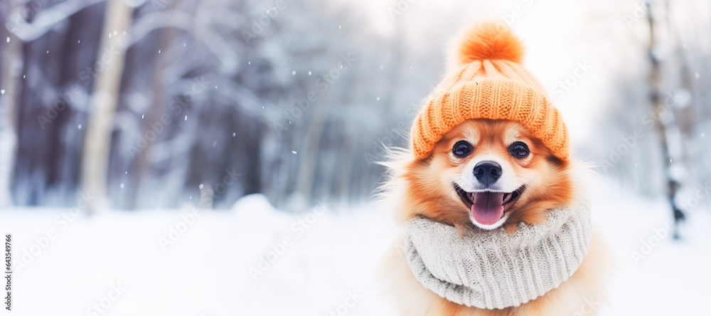 Poster Affiche Cute dog in winter clothes on snow background 50x22.2 cm