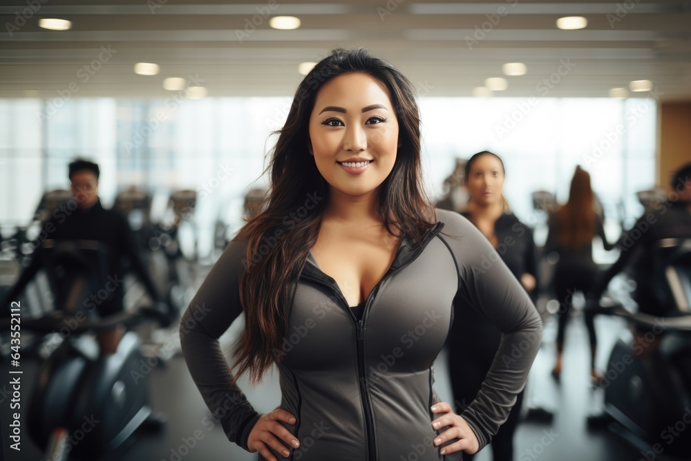 Overweight Asian Woman Attending A Fitness Class . Сoncept Weight ...
