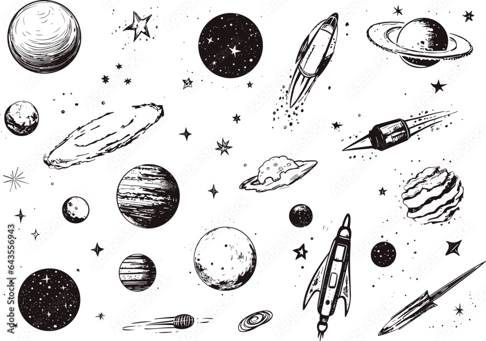 Space sketch grunge elements. Various abstract planets, comets ...