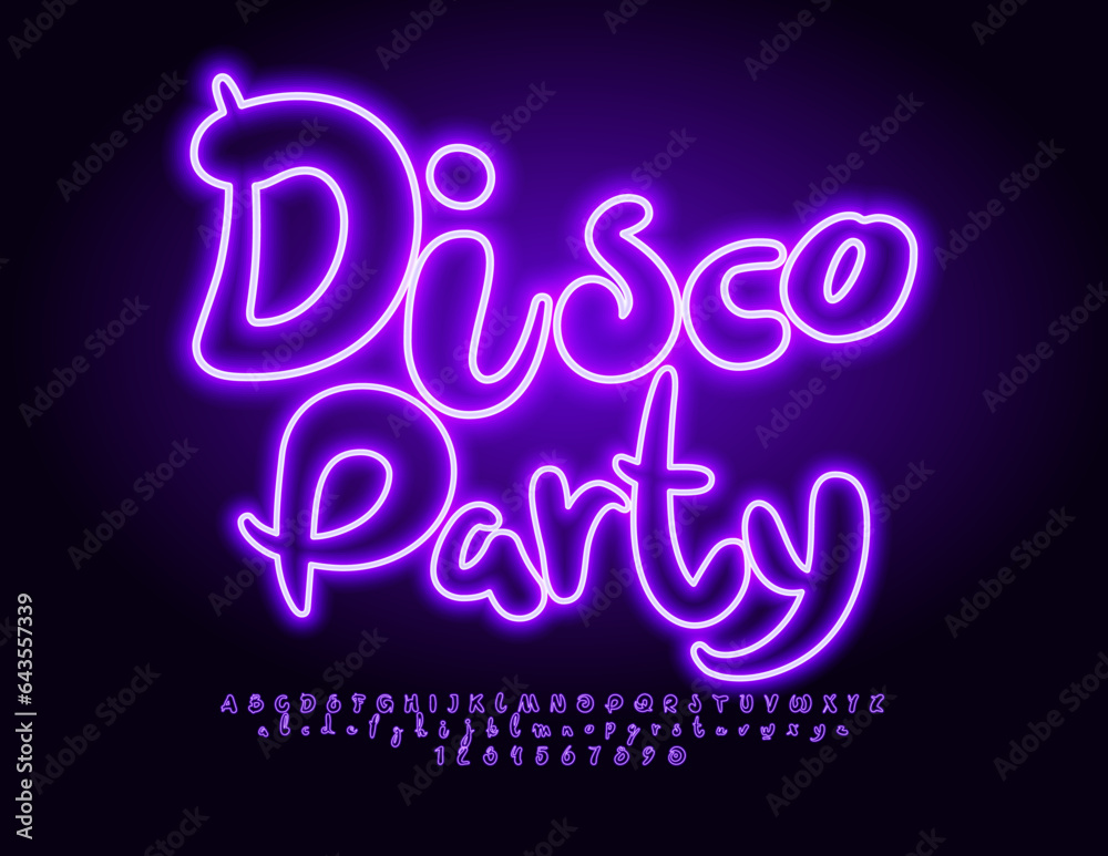 Vector funny poster Disco Party. Violet Glowing Font. Playful Neon ...