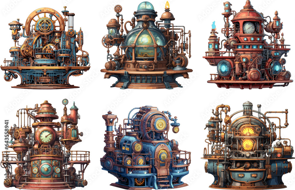 Steam-punk complex machines with coggears and lamplights. Retro engines ...