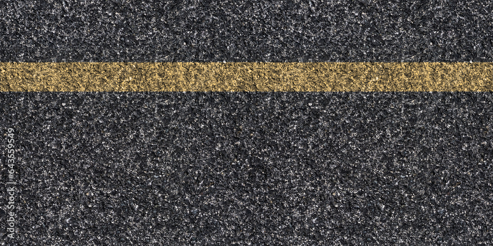 Seamless asphalt texture with unbroken yellow line at the side denoting ...