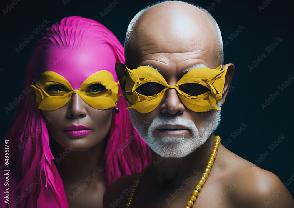 Portrait of a middle-aged bald man and a woman with some strange masks ...