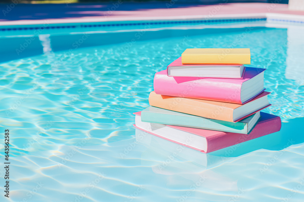 A pile of pastel-colored books floating on the surface of a swimming ...