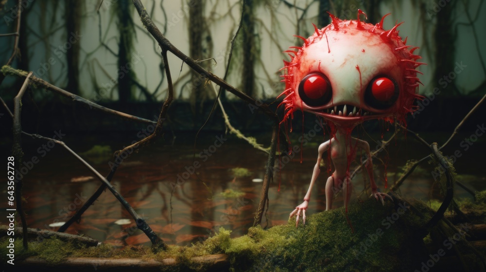 Evil red mutated fungus spore, monstrous sharp and dangerous teeth ...