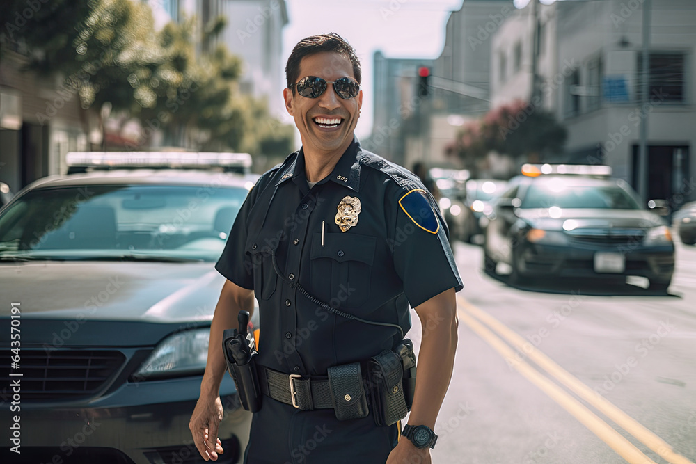 An adult uniformed police officer stands next to a police car on a city ...