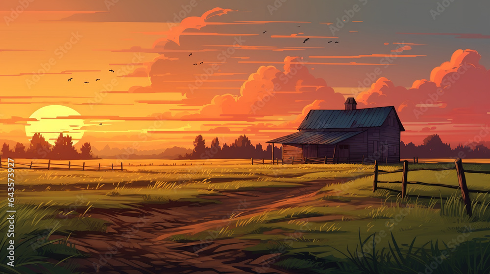 Landscape with barn in the farmland during sunset in comic style, which ...