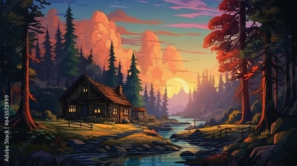 Landscape with cottage in the forest during sunrise in comic style ...