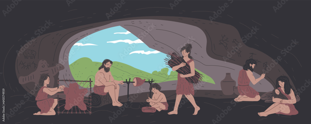 Ancient primitive cave people life in cave, tribal family campfire ...