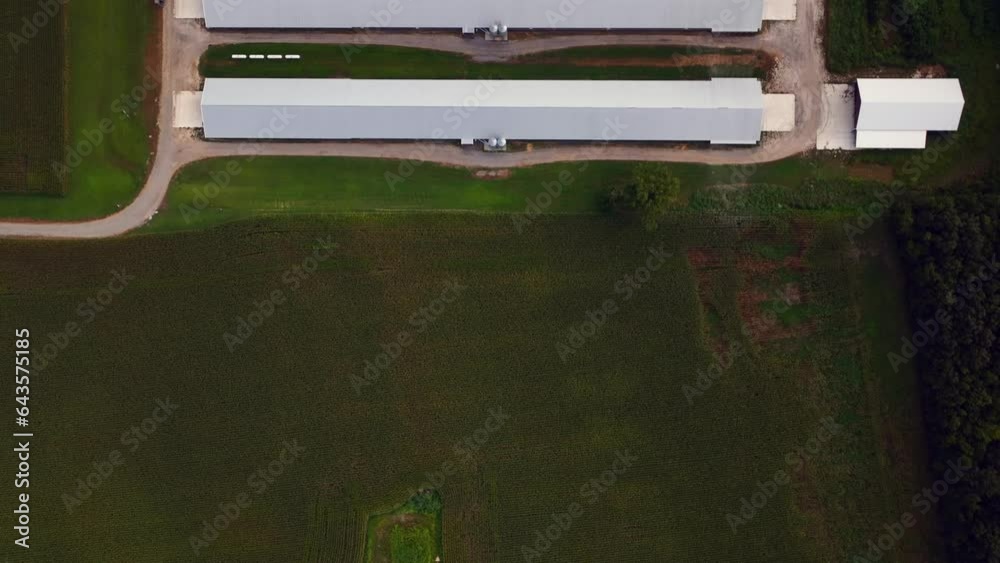 A top down view of eight parallel farm buildings with metal roofs. They ...
