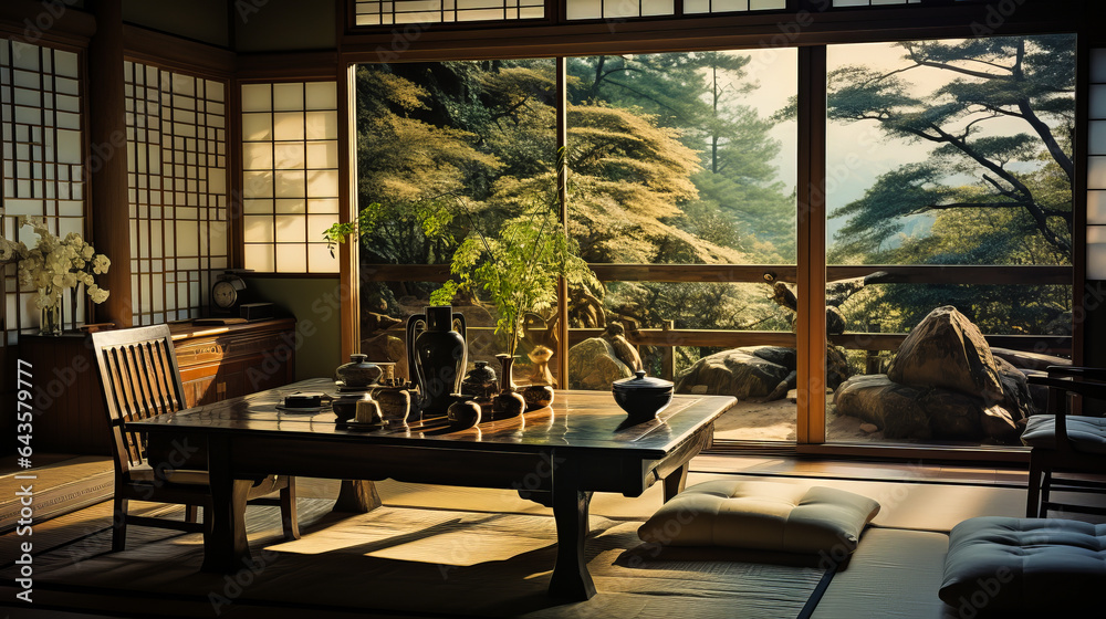 Serene traditional Japanese ryokan room featuring tatami mats and shoji ...