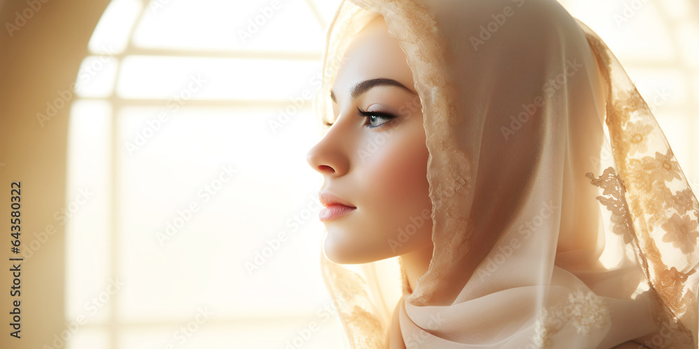 An elegant and stylish portrait of a Muslim woman in a hijab with ...